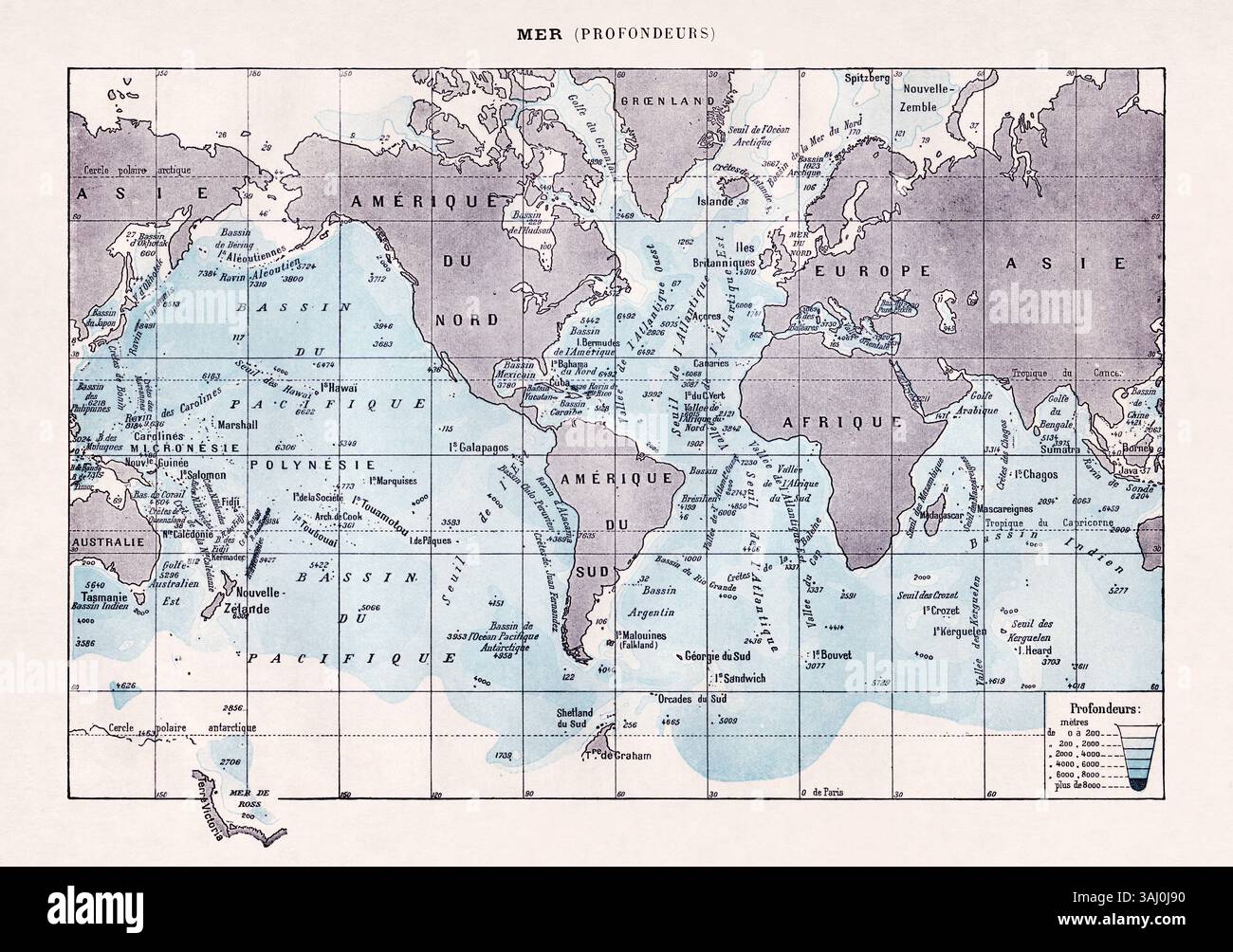 Old world map showing the depths of the oceans printed in a French ...