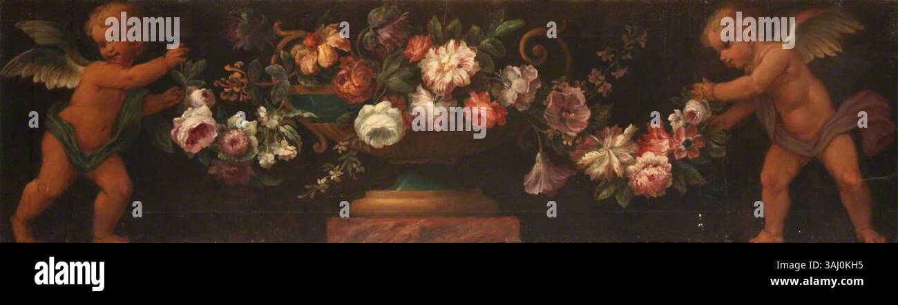 A painting of putti with garlands, created circa 1700. This oil on ...