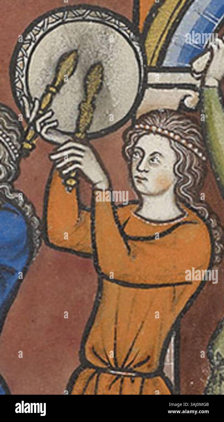 This image depicts a frame drum or tabor from the Crusader Bible, MS M ...