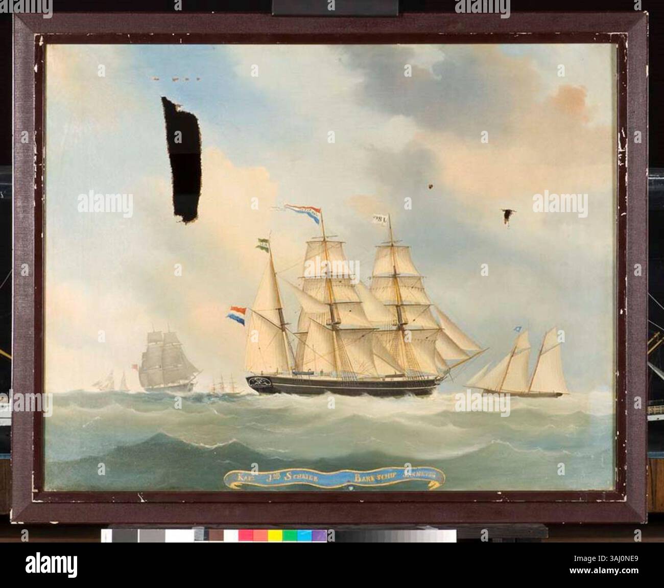 Anonymous painting featuring Captain Johannes Schrier's bark ship ...
