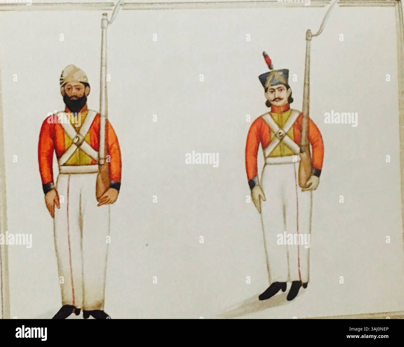 This 19th-century painting depicts Sikh and Gurkha soldiers of the Fauj ...