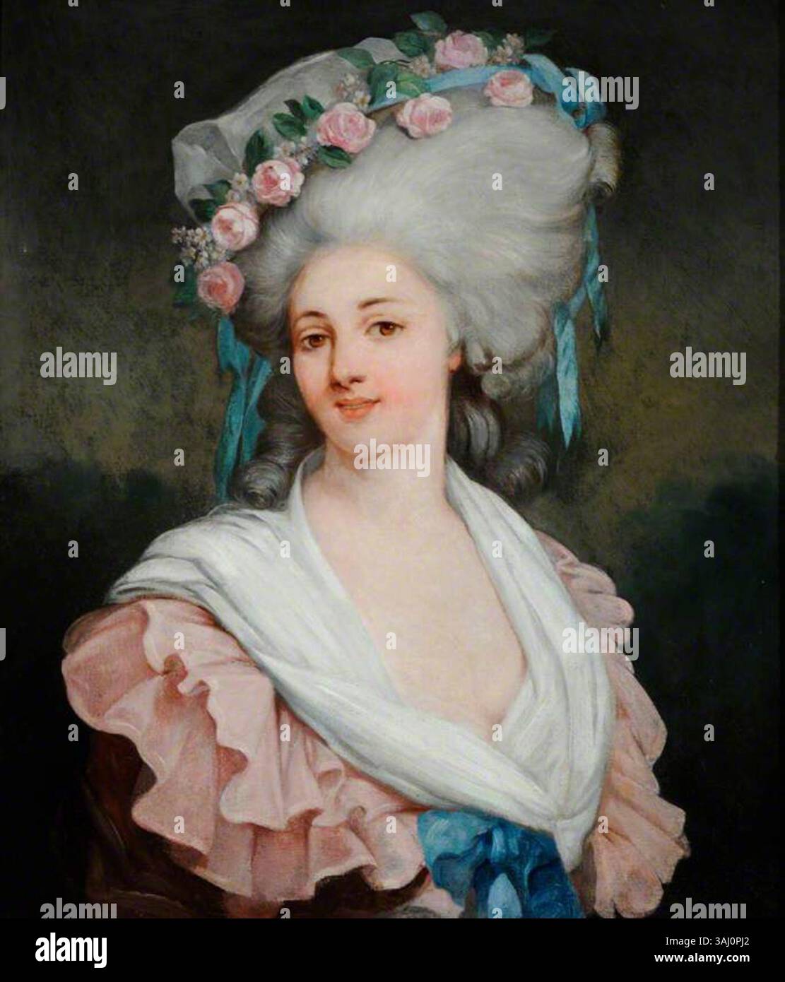 This 19th-century portrait depicts a lady dressed in pink, with a band ...