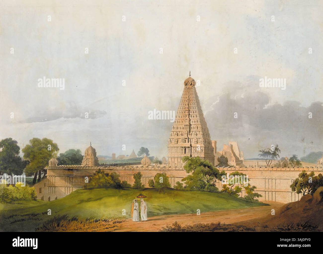 A hand-colored aquatint of the Great Temple at Tanjore, created by Robert Havell Senior and John ...