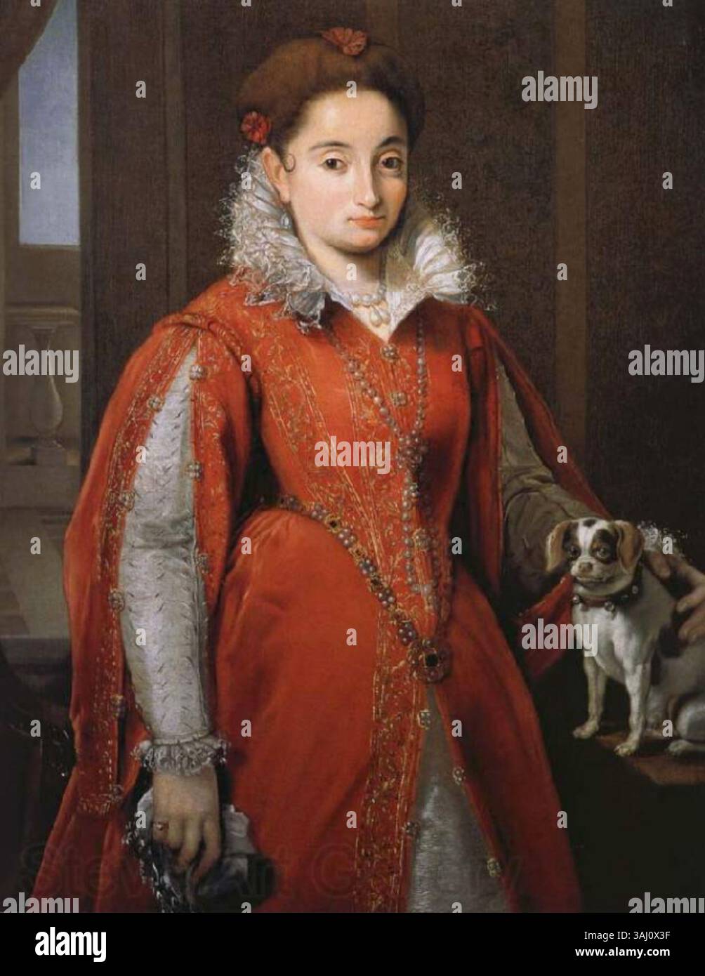 This 16th-century portrait by Alessandro Allori features a lady dressed in red with a lapdog, a ...