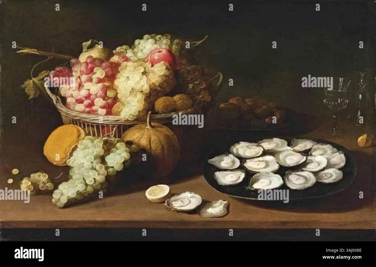 A still life by Jacob Foppens van Es, featuring oysters on a pewter ...
