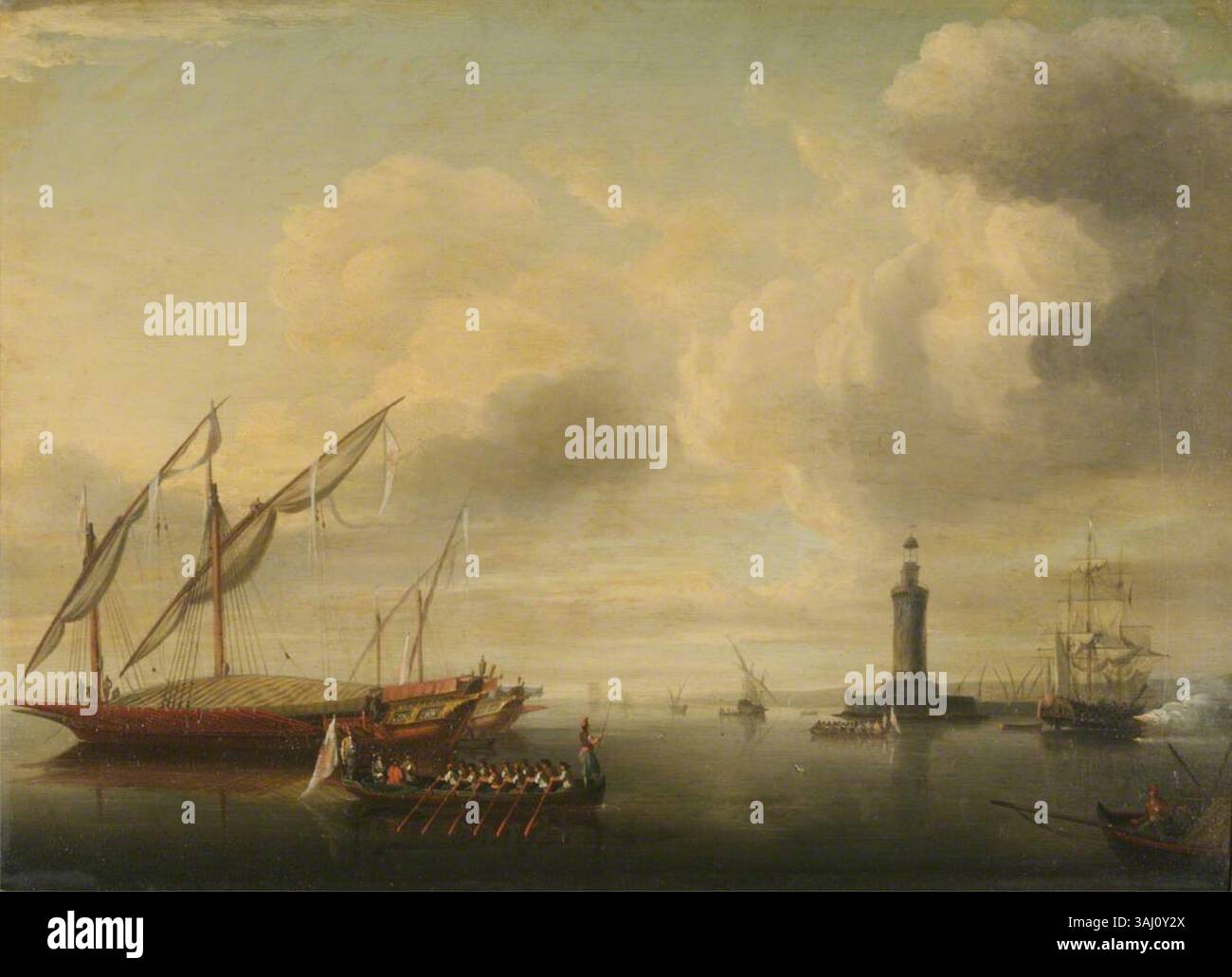 This 19th-century British oil painting depicts a busy harbour scene ...