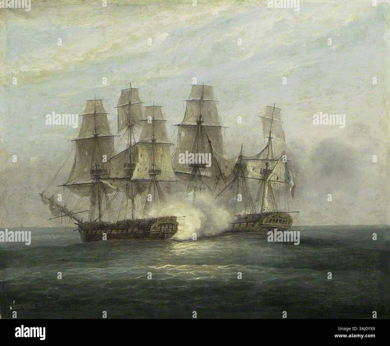 An oil painting by Thomas Luny depicting the naval engagement between H ...