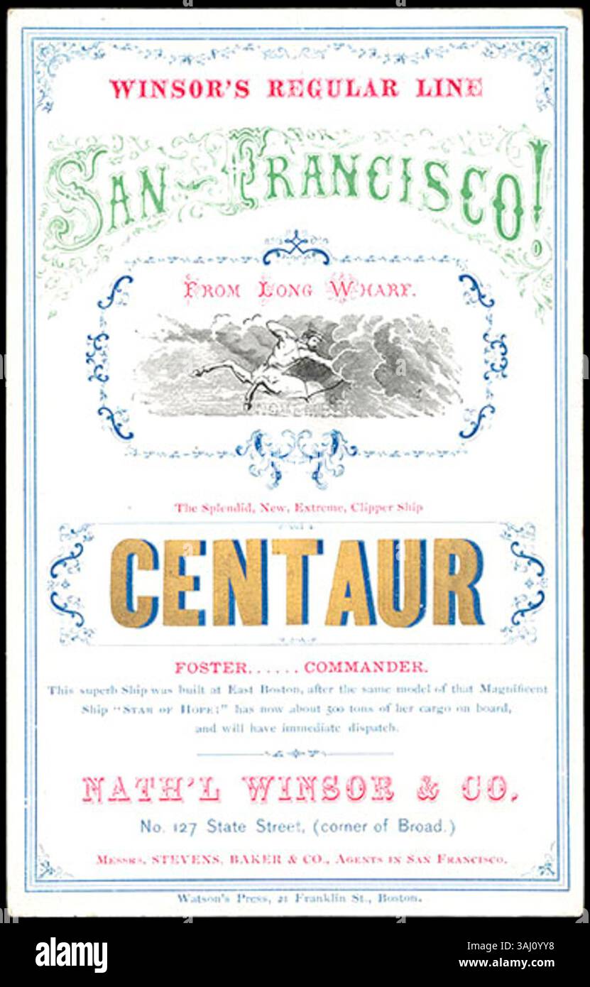 The CENTAUR Clipper ship sailing card features the vessel, commanded by ...