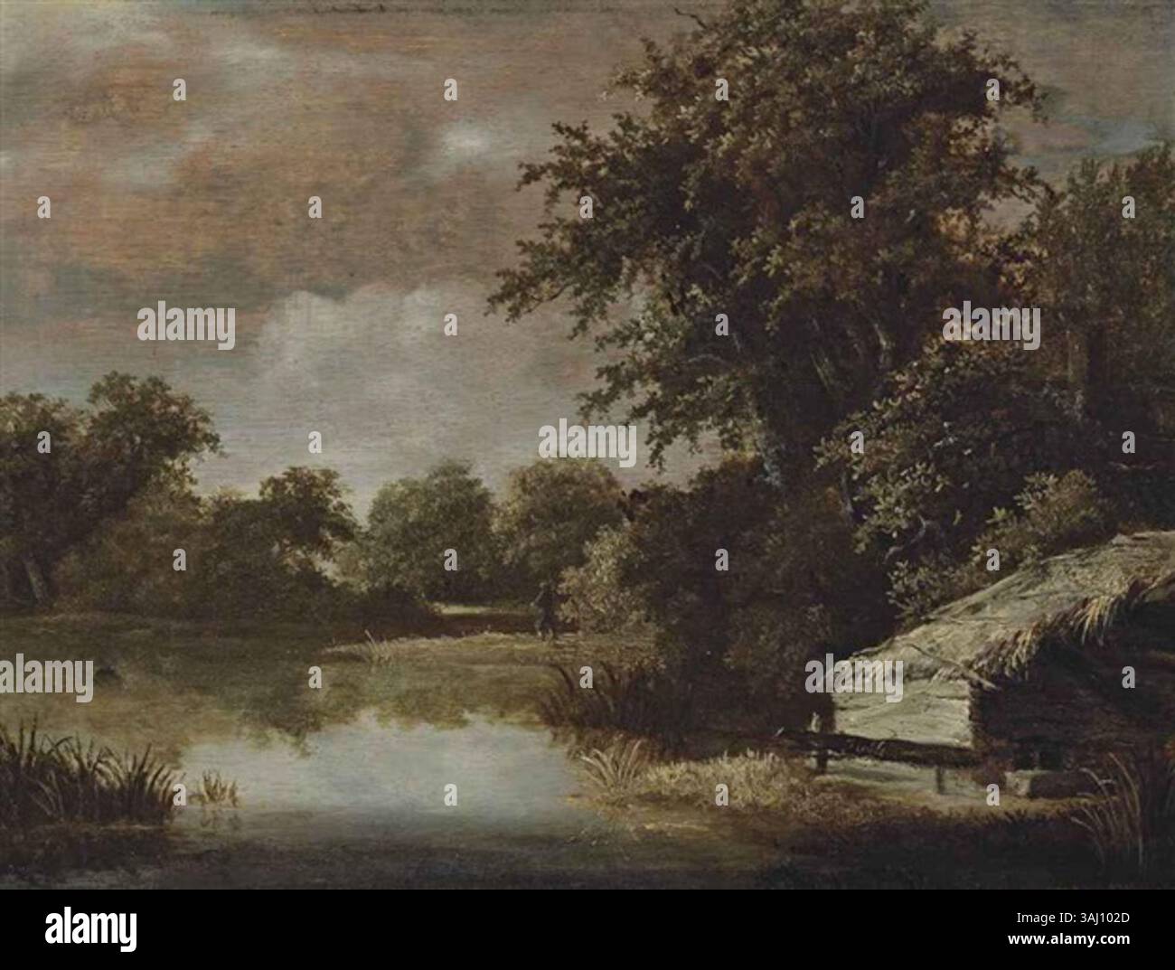 This landscape painting by Jan Hooft and Meindert Hobbema features a ...