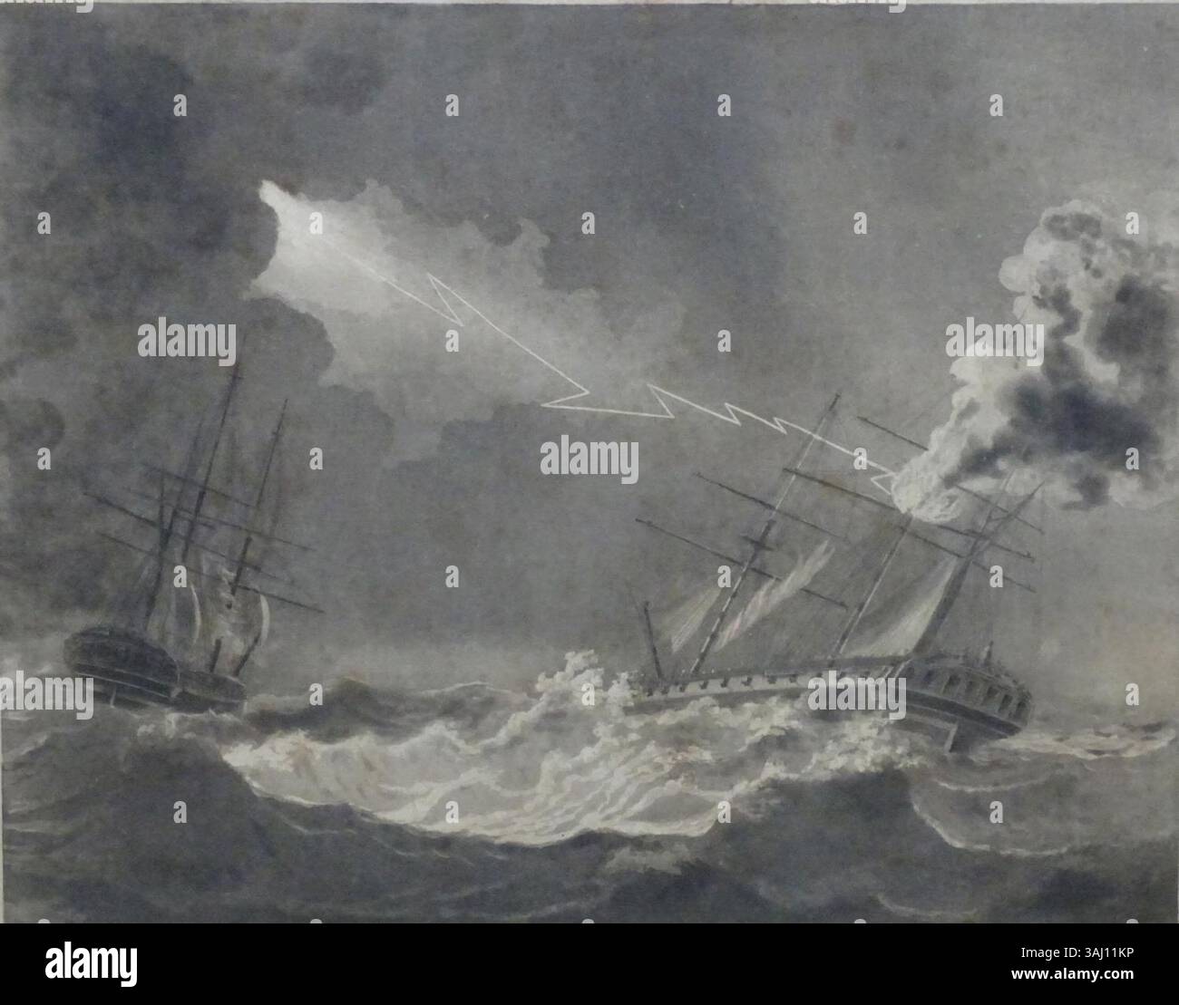 A print by William Elliott, depicting HMS *Thisbe* struck by lightning ...