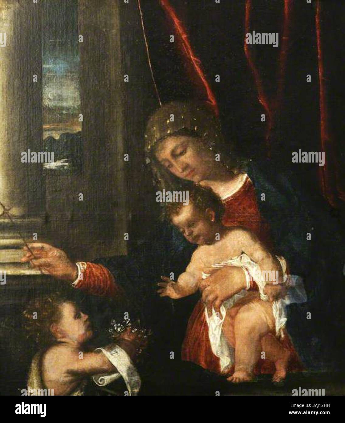 This painting, attributed to a follower of Titian, depicts the Virgin Mary with the Christ Child ...
