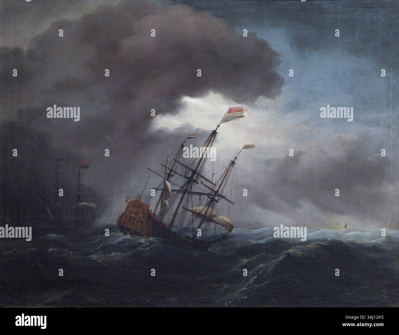 A painting depicting a Dutch flagship navigating a gale, created between 1650 and 1707. The ...