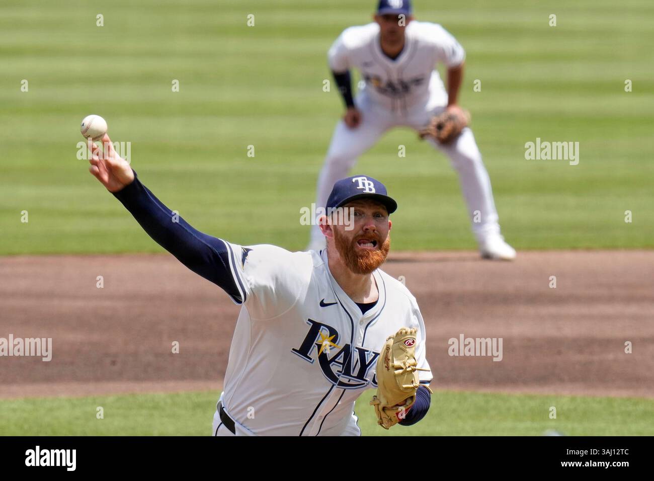 Tampa Bay Rays pitcher Zack Littell delivers to the Los Angeles Angels ...
