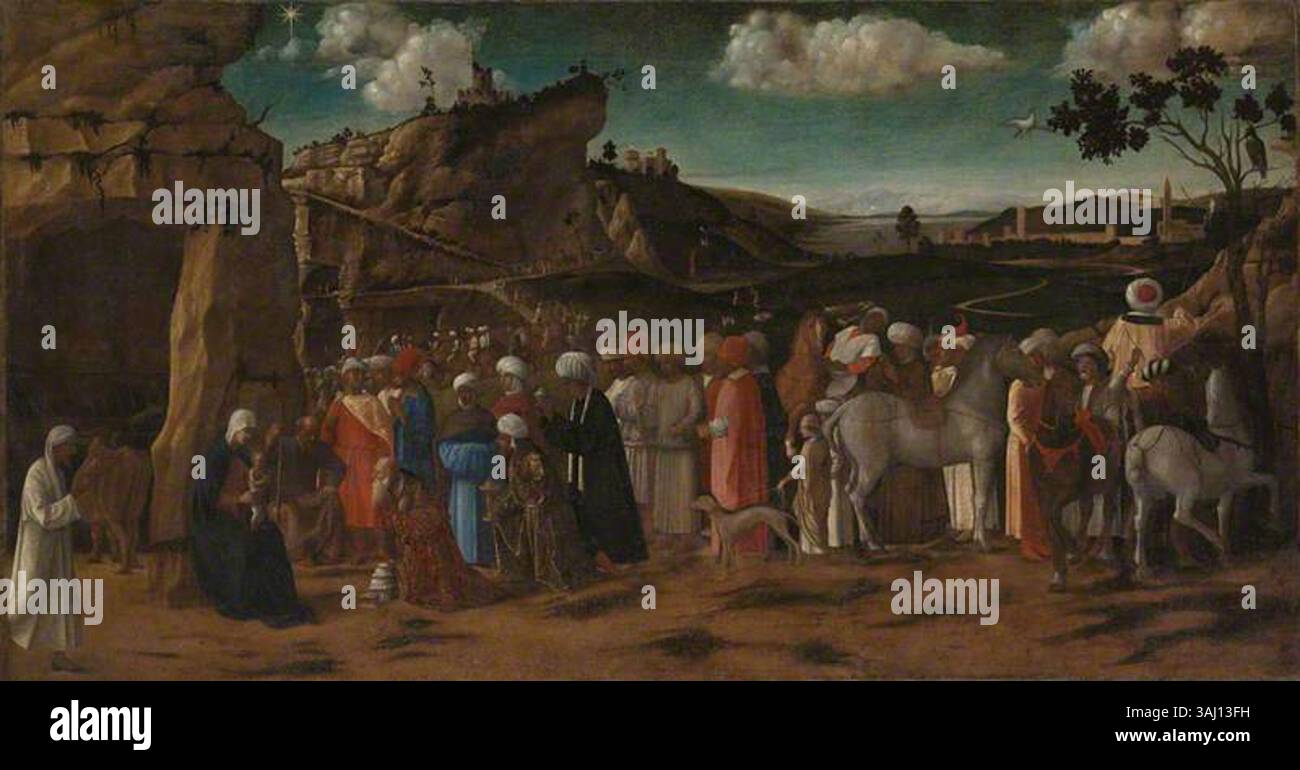 This painting, attributed to the studio of Giovanni Bellini, depicts the Adoration of the Kings ...