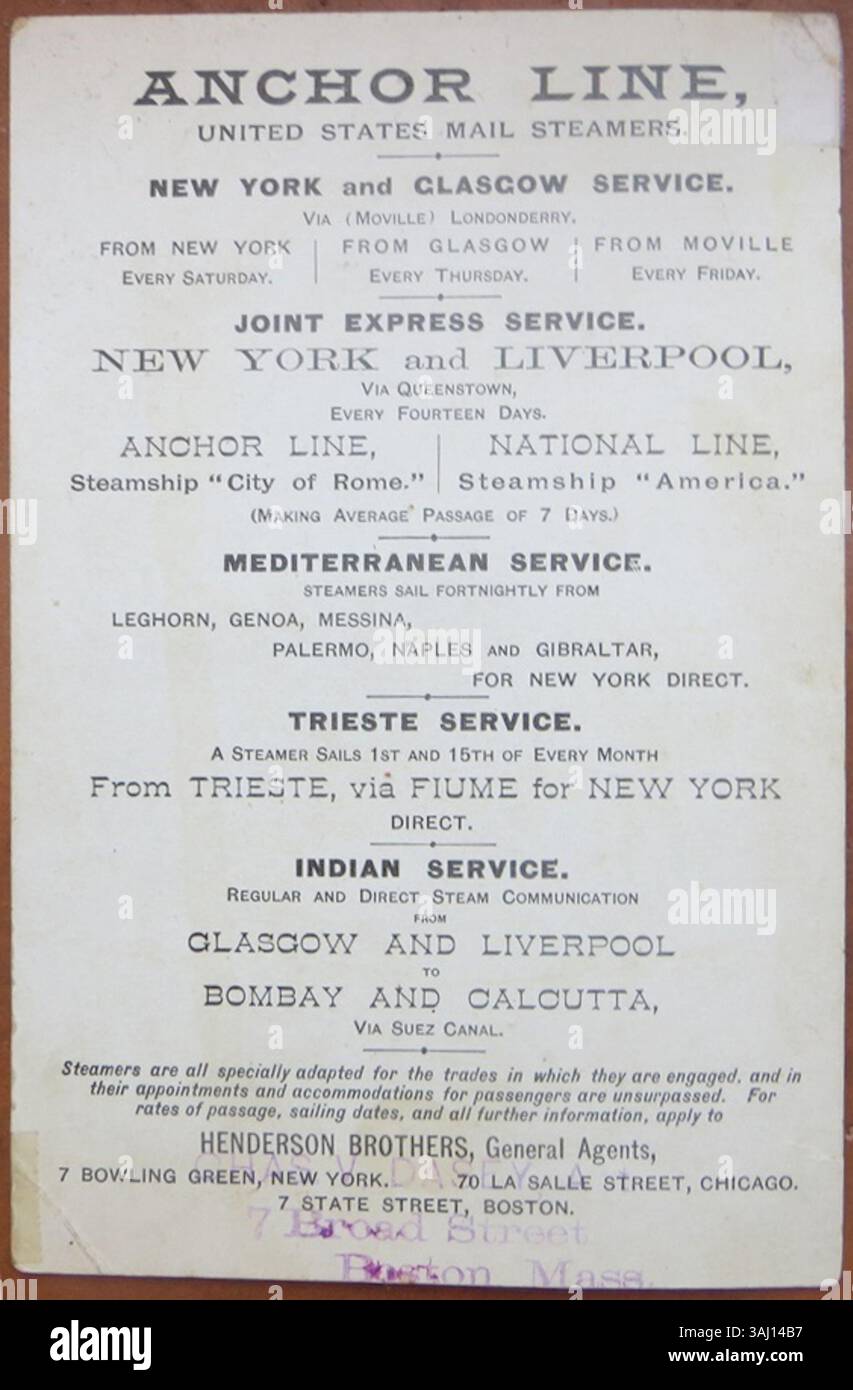 This trade card from the Anchor Line, dated between 1881 and 1898 ...