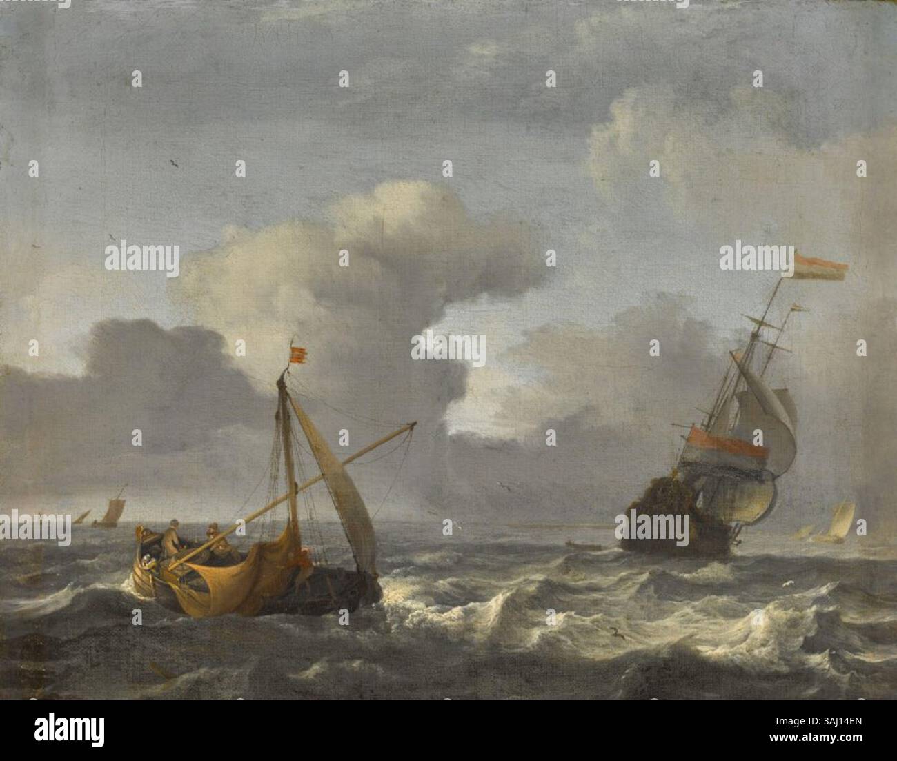 A painting by Ludolf Bakhuizen depicting a sailing boat and a man-o ...