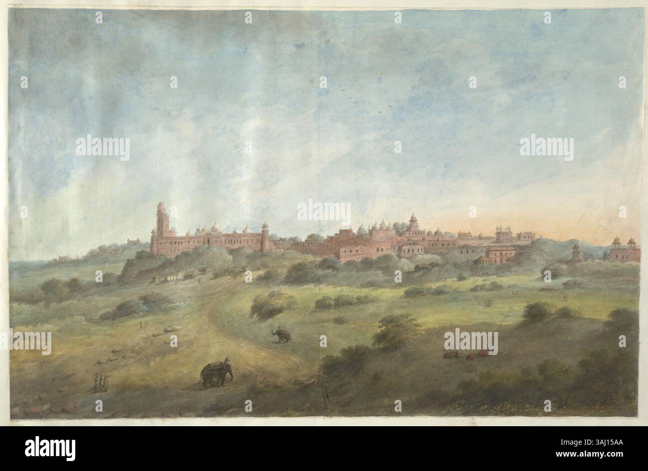 This 1815 panoramic watercolor by Sita Ram shows the mosque and palace ...