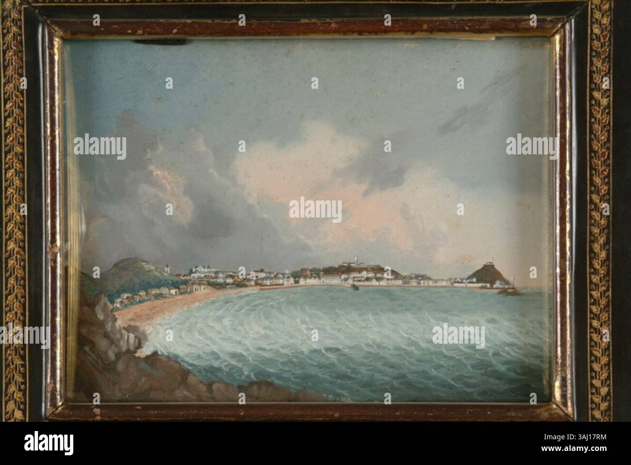 This circa 1825 painting portrays the harbor of Macao, China, with ...