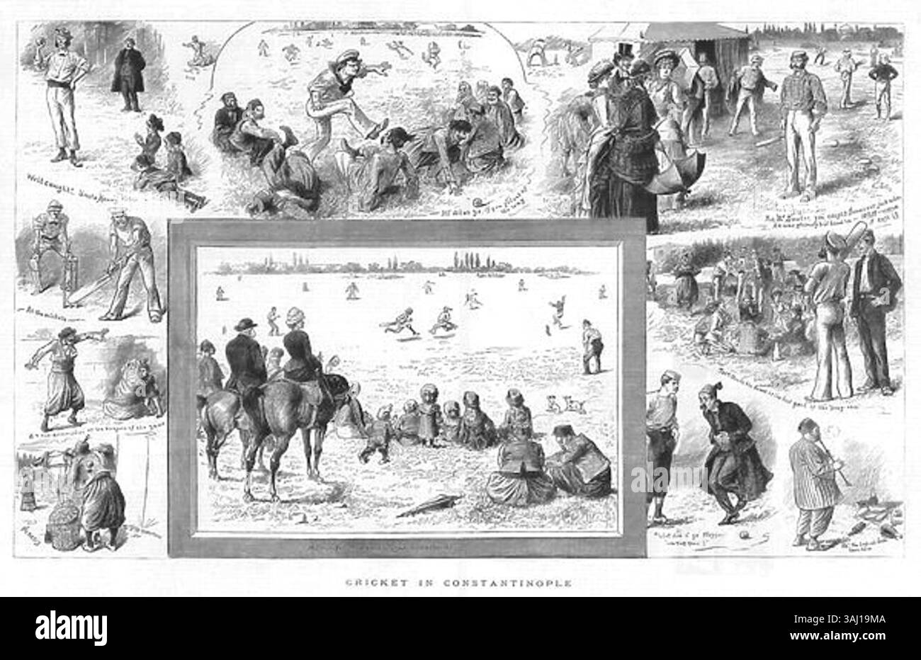 This 1882 wood engraving from *The Graphic* shows a cricket match being ...