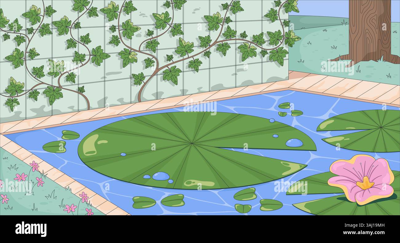 Lily pads and lotus flower in lo-fi pond flat illustration background ...