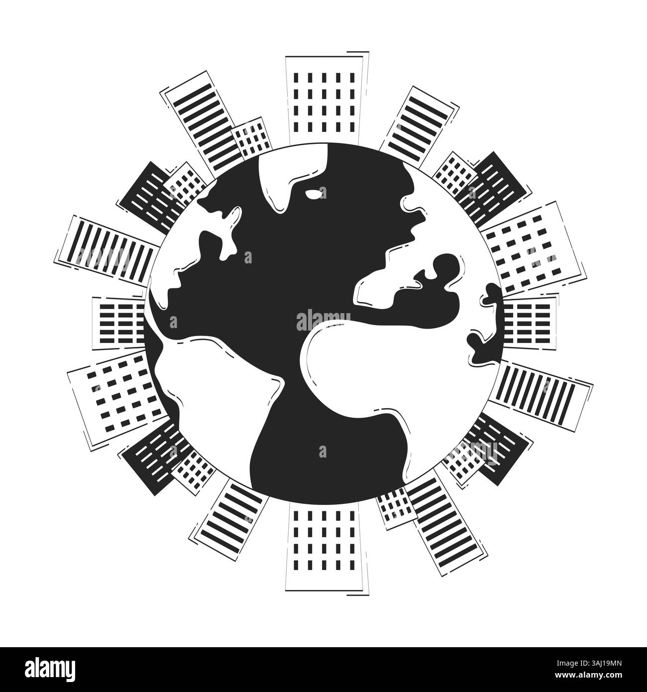 Earth globe with city buildings around doodle linear object Stock ...