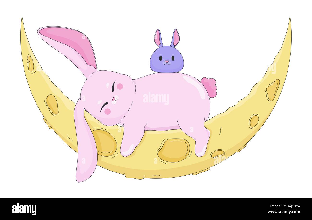 Cute lo-fi bunnies sleeping on crescent moon 2D cartoon characters ...