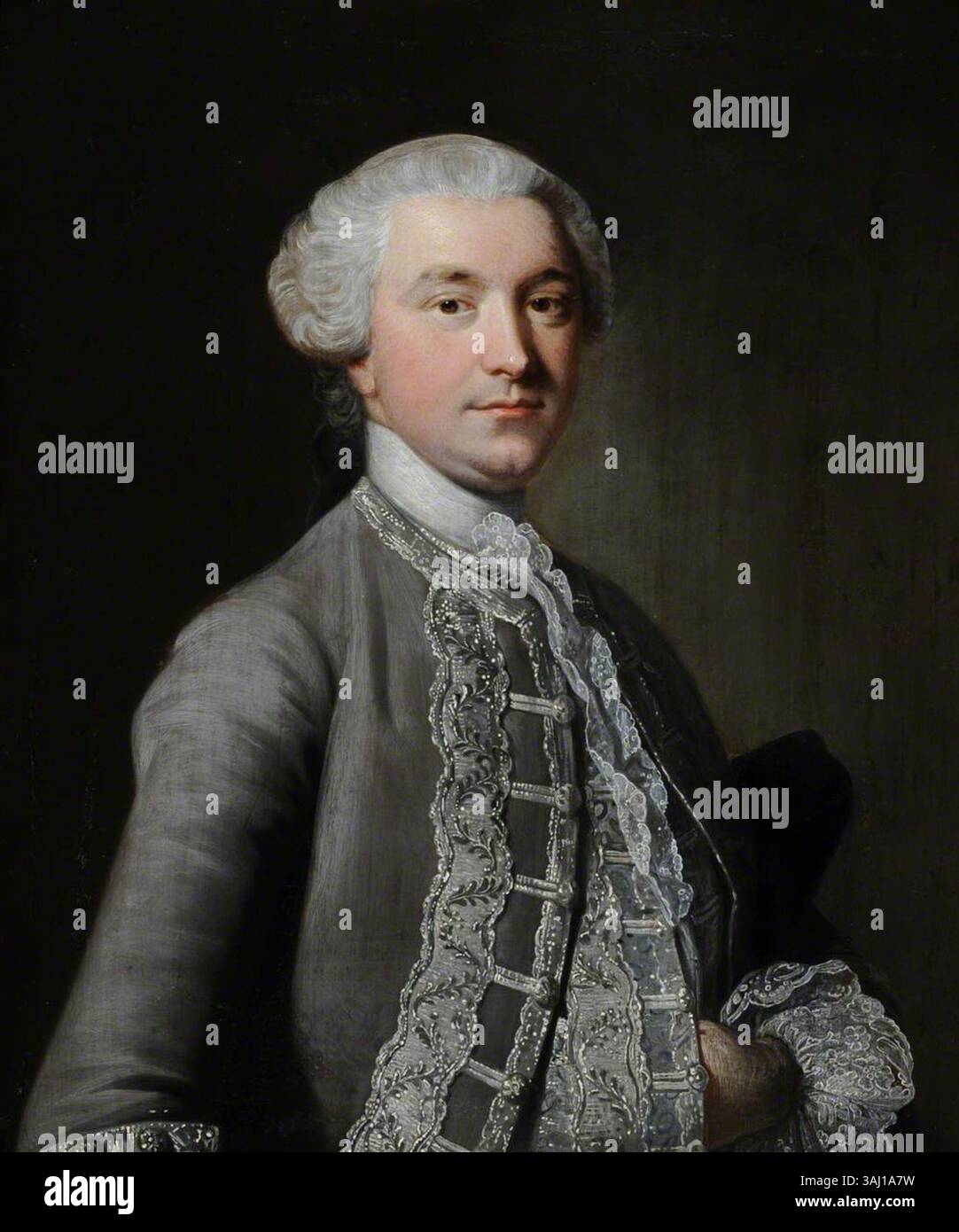 A portrait of an unknown man in a grey suit, painted circa 1750 in the ...