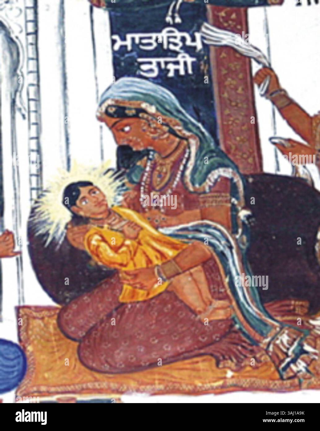 Mata Tripta holding baby Nanak, painted by Jaimal Singh Naqqash, Mehtab Singh Naqqash, and Hukum ...