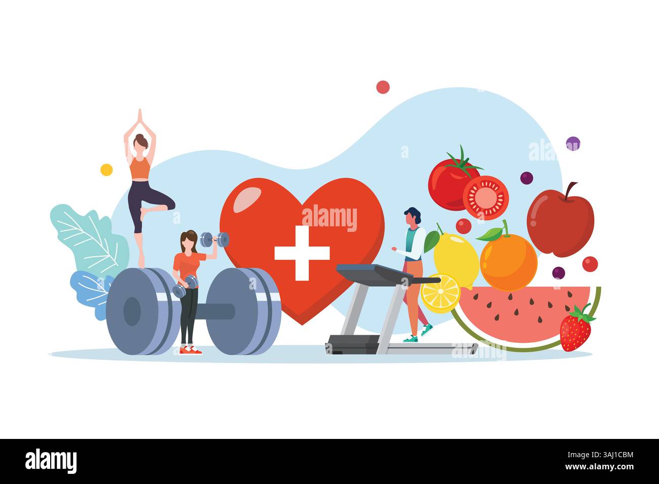 Health and Exercise scene with miniature people. Nutrition weight loss ...