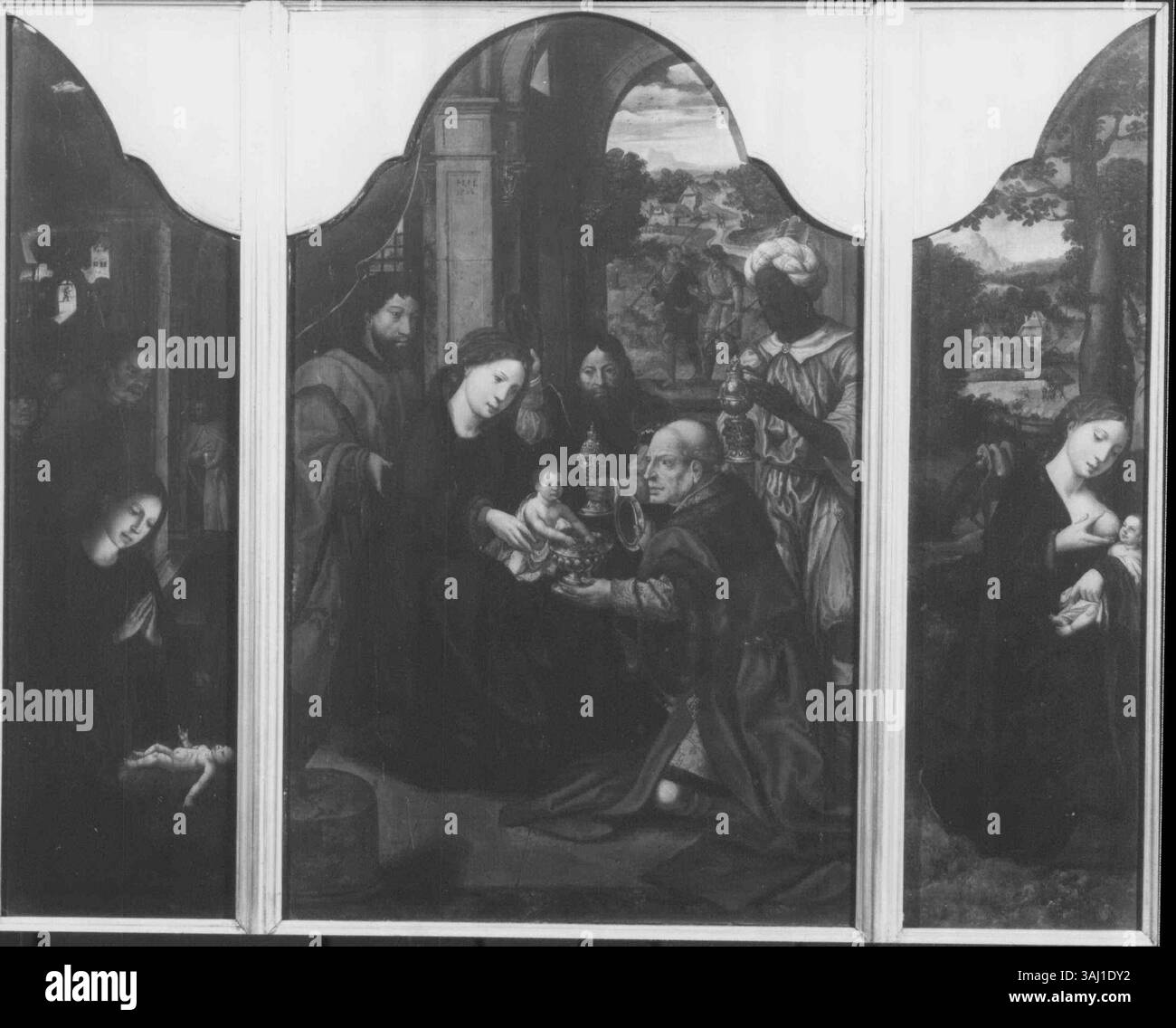 A triptych painting titled 'Adoration of the Kings,' created by The Monogrammist HH, c. 1550 ...