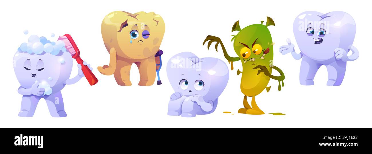 Cartoon tooth characters for kids dental hygiene concept - happy ...