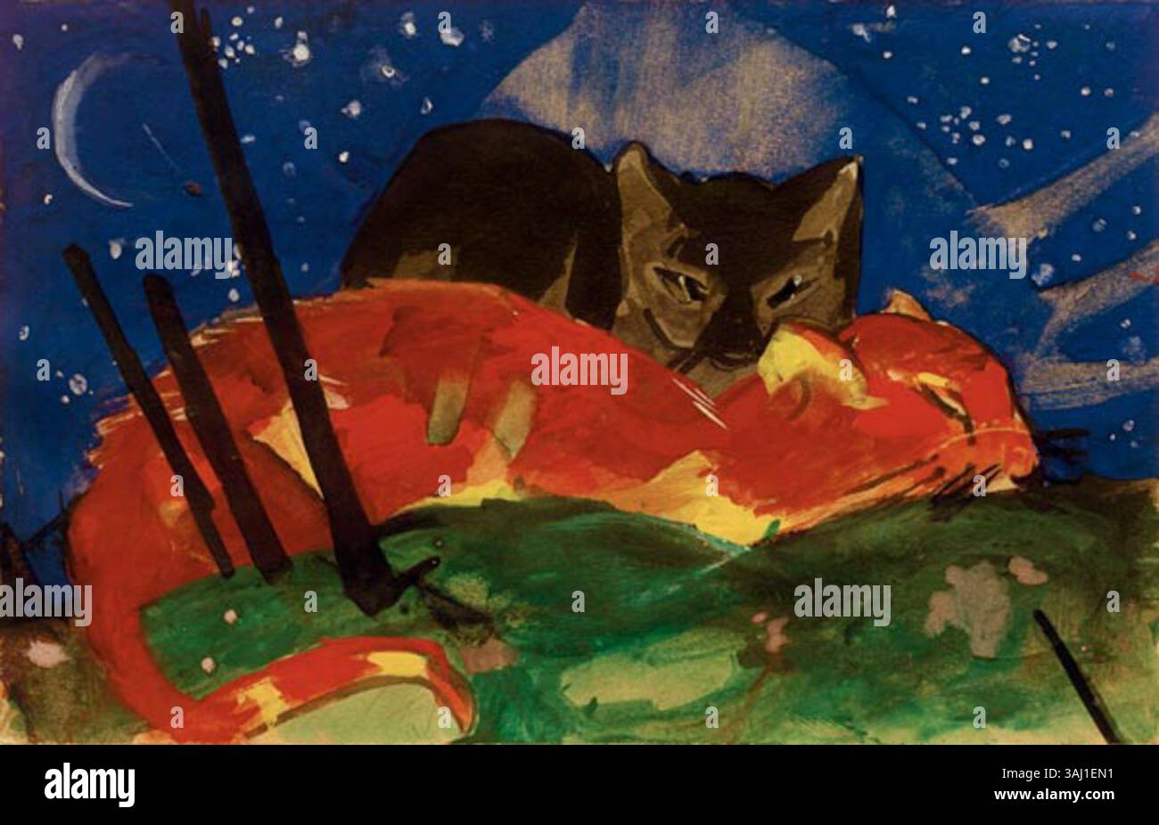 'Zwei Katzen' by Franz Marc, painted in 1913, depicts two cats in Marc ...