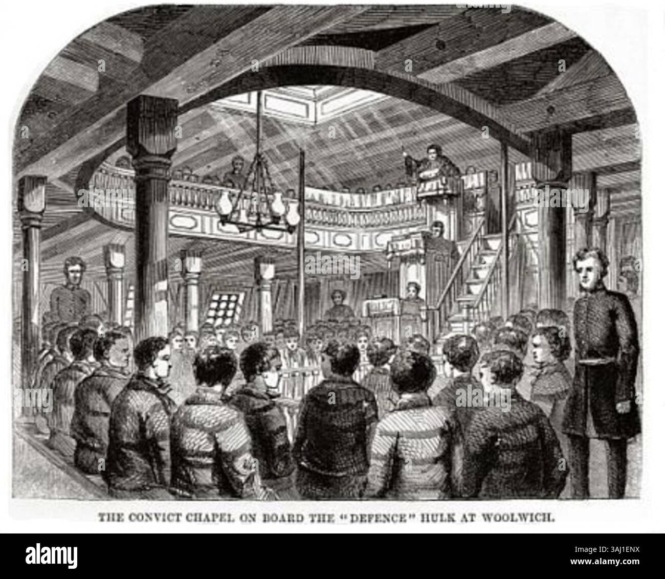 Depiction of the convict chapel aboard the 'Defence' hulk at Woolwich ...