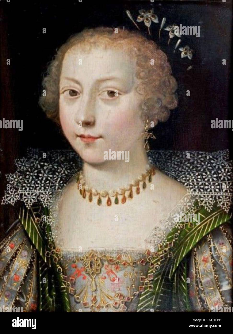 This 17th-century portrait depicts a young noblewoman in a bust view ...