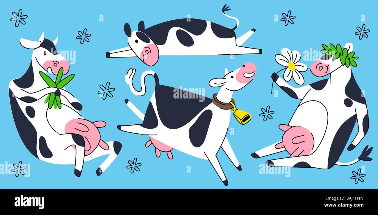 Happy cow characters set isolated on blue background. Vector cartoon ...