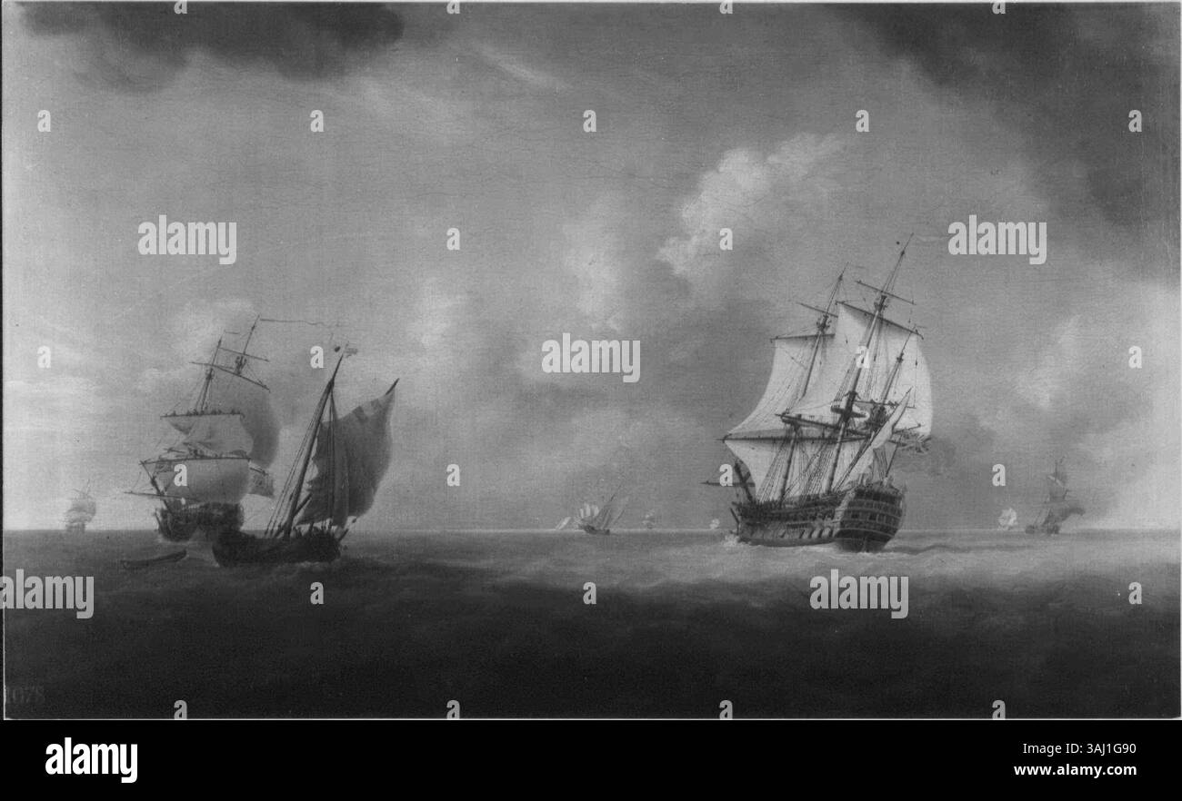 This 1740 oil painting from the British School depicts ships sailing in ...