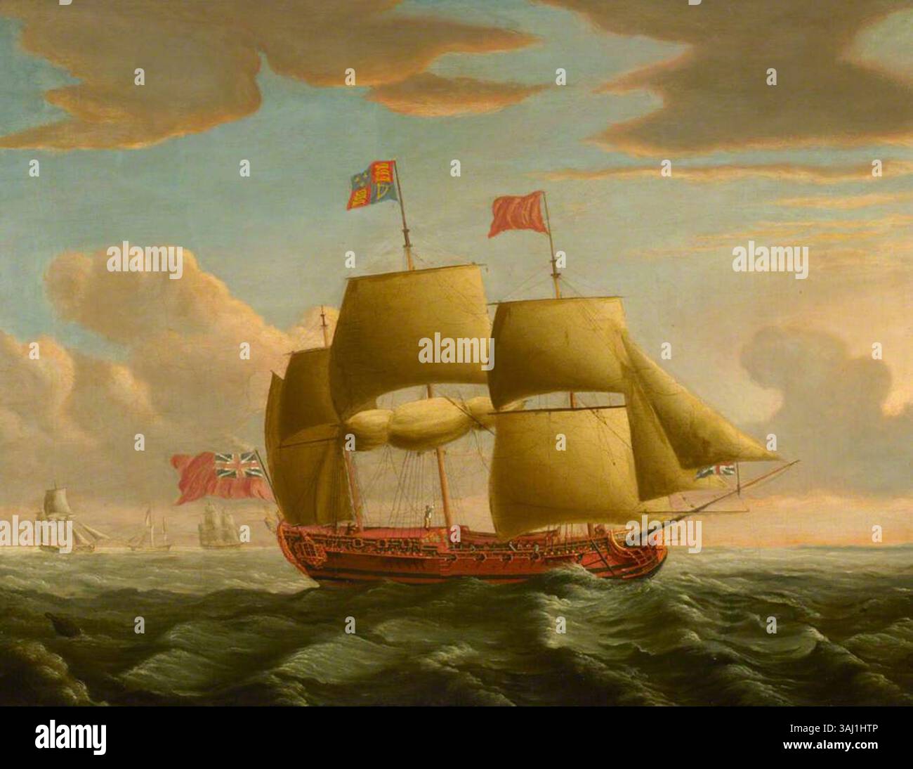 This painting, created between 1750 and 1761, depicts HMY 'Royal Caroline' in a stiff breeze ...