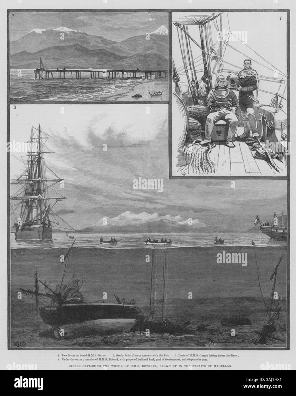 The illustration shows divers exploring the wreck of HMS Doterel, which ...