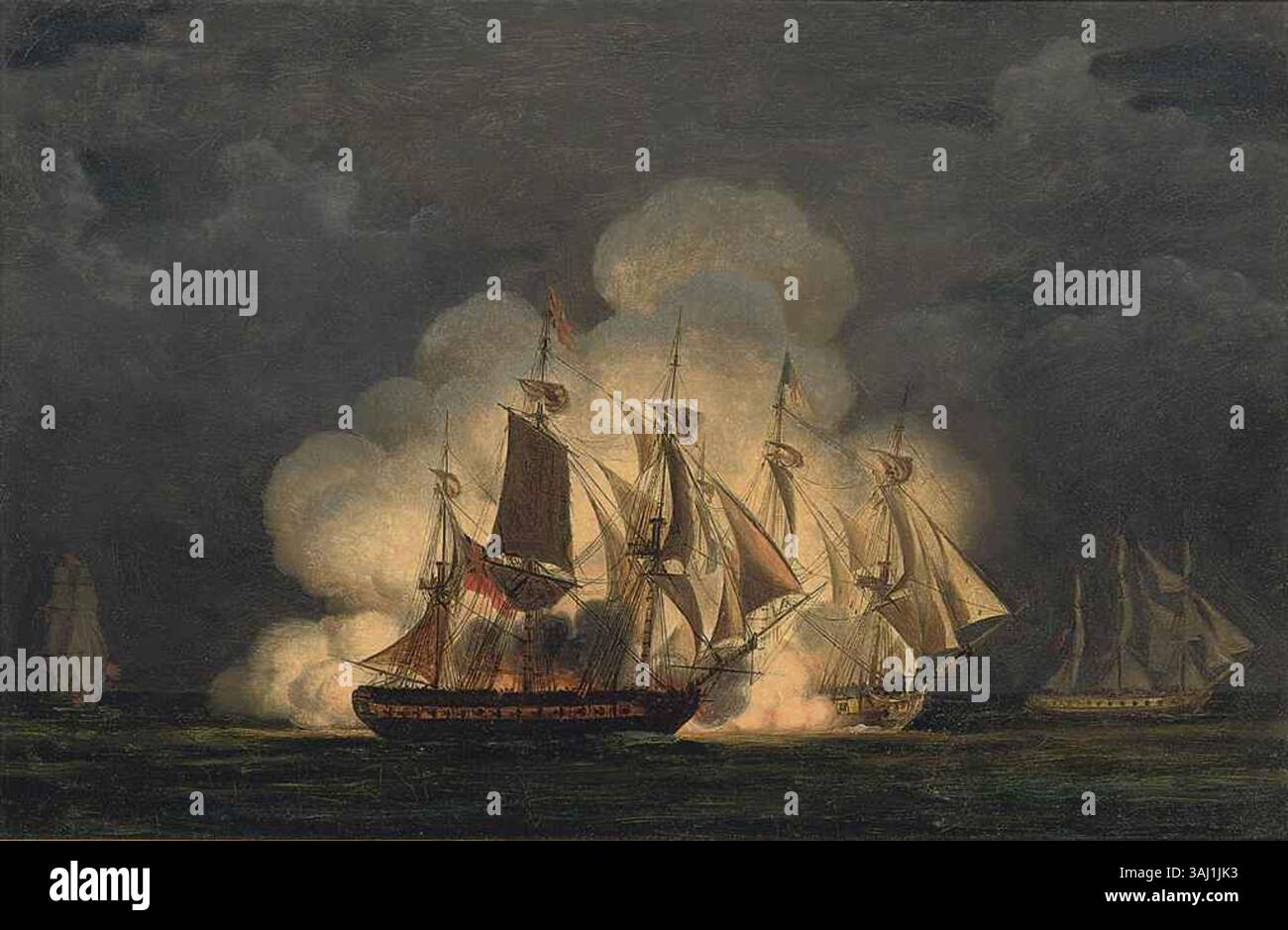 This 19th-century painting depicts a naval engagement at night, with H ...