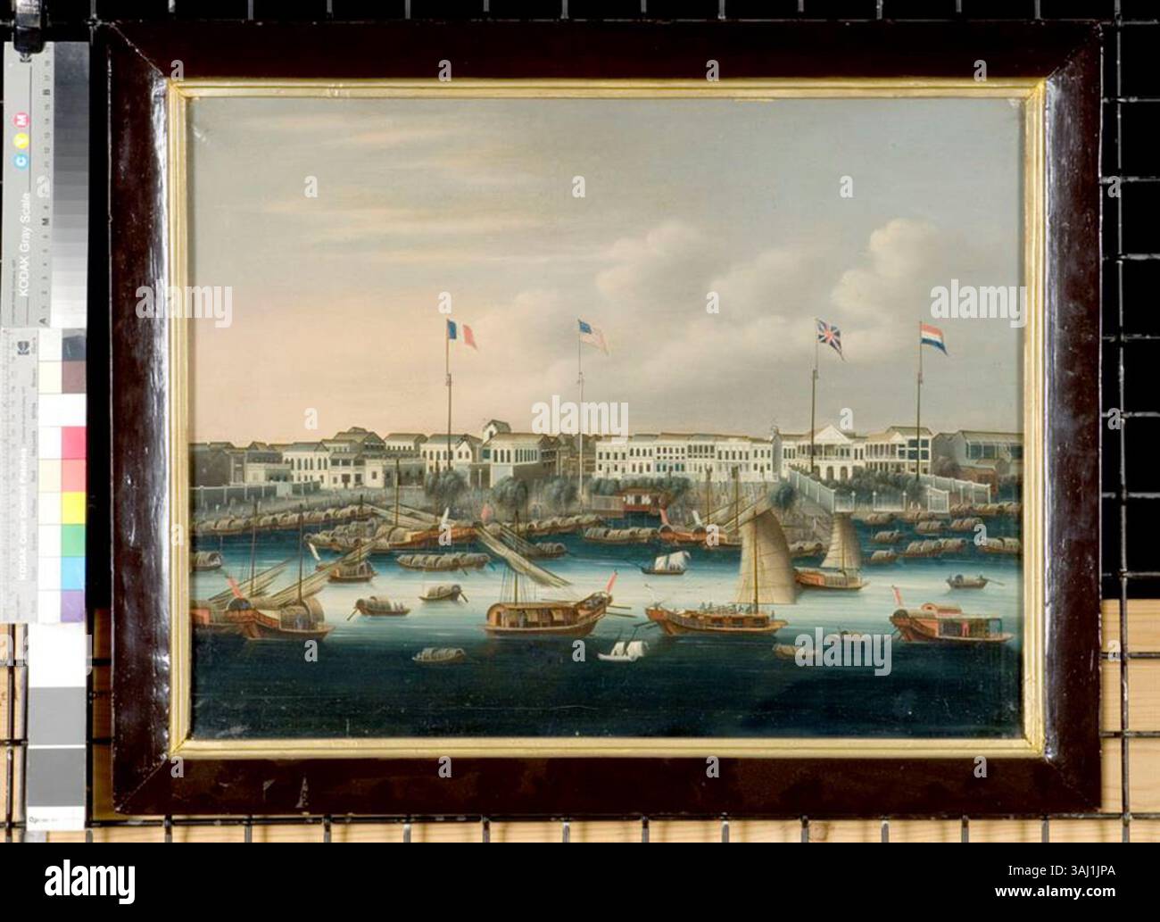 This painting, created between 1840 and 1845, shows a view of Canton ...