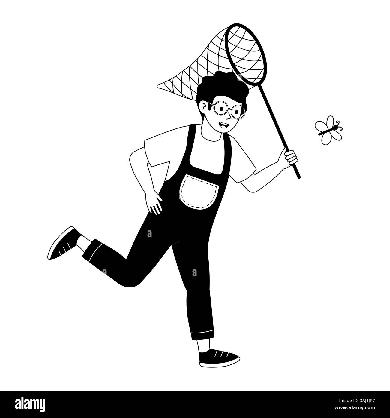 Child joyfully chasing a butterfly with a net in a sunny park during ...