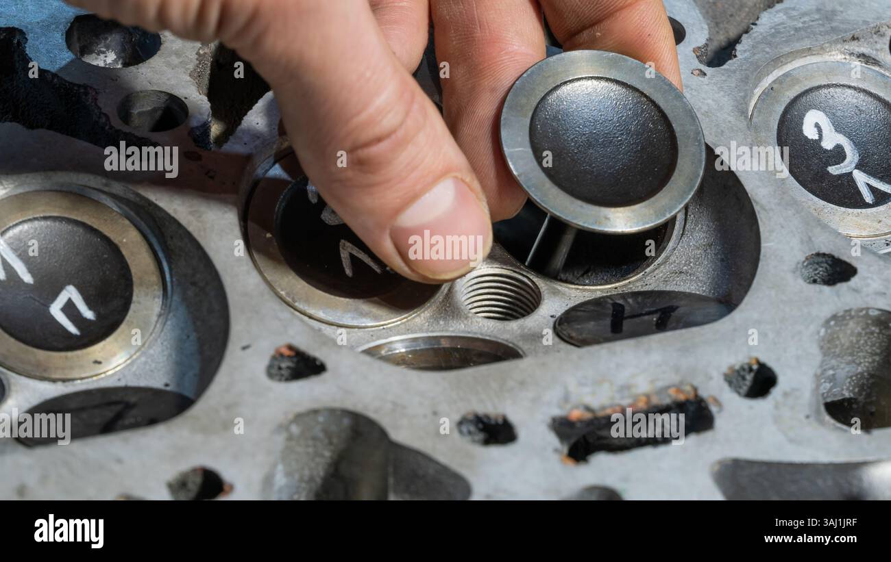 Part of car's motor. Car engine valves close up. Machinery detail of ...