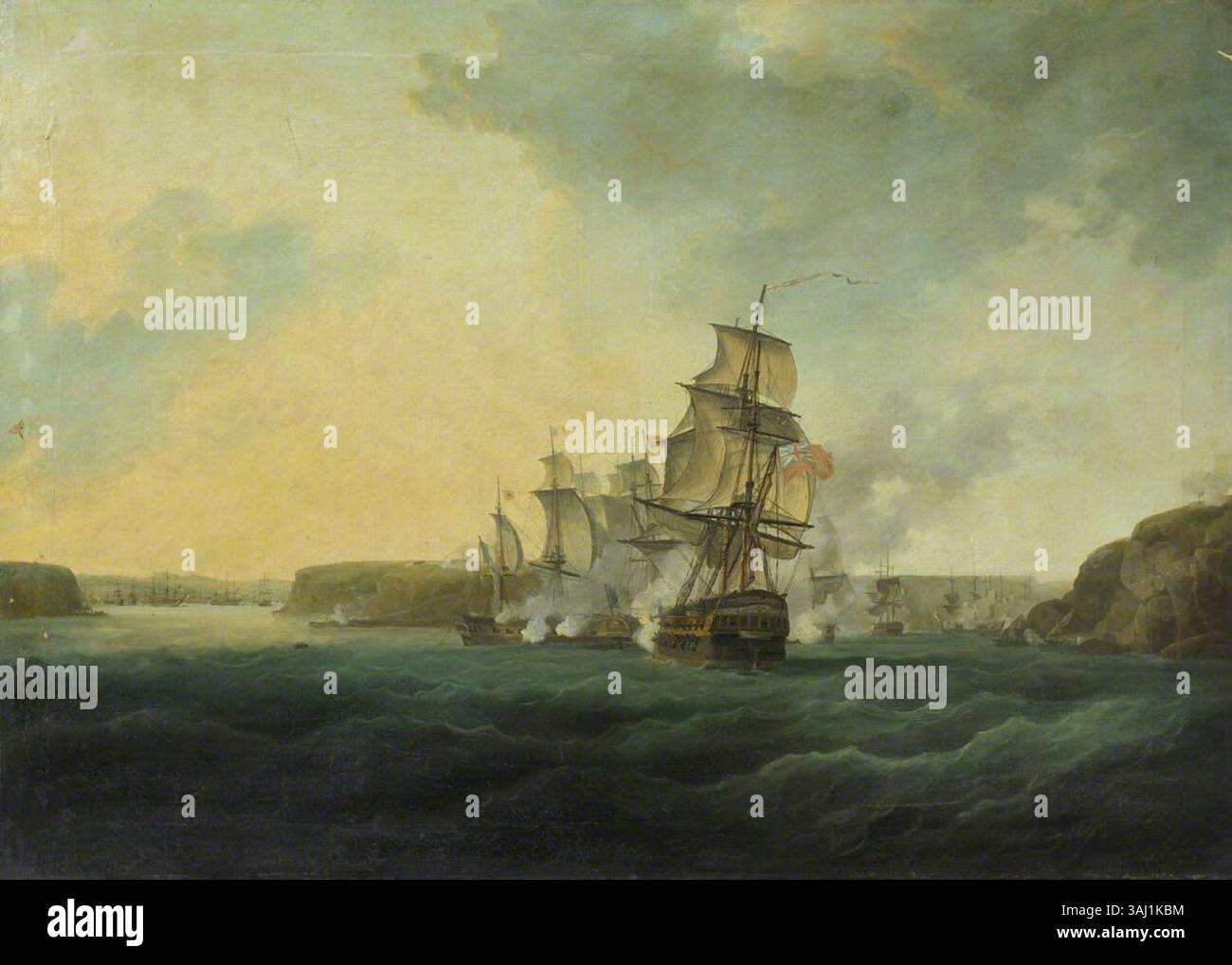 A painting depicting the HMS 'Montagu' forcing the enemy to retreat ...