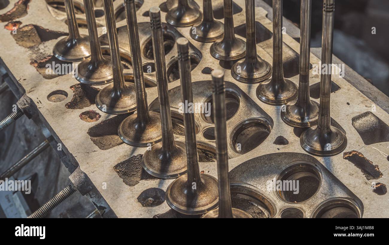 Part of car's motor. Car engine valves close up. Machinery detail of ...