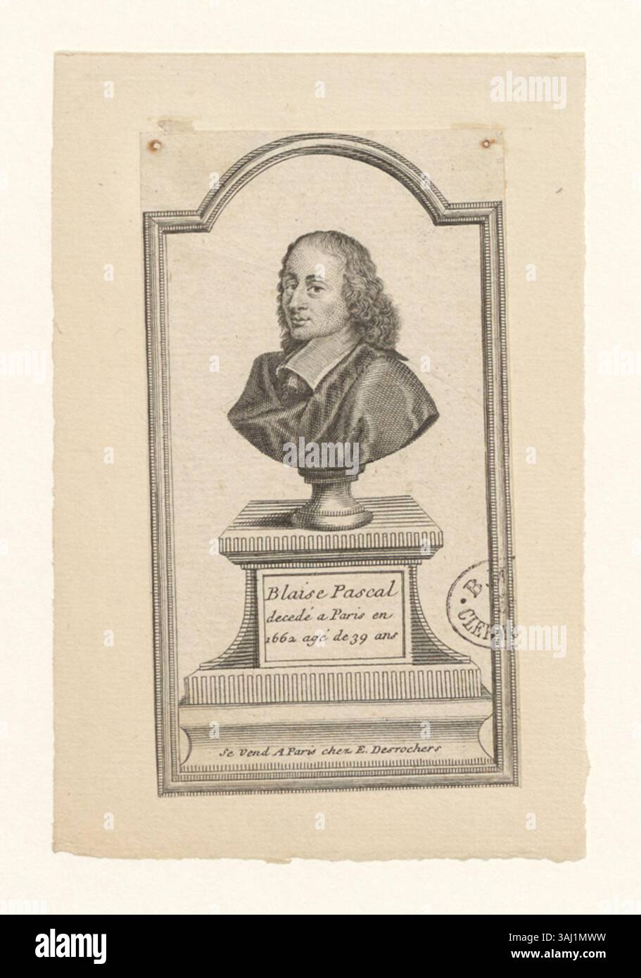 Intaglio print of Blaise Pascal, who died in Paris in 1662 at the age ...
