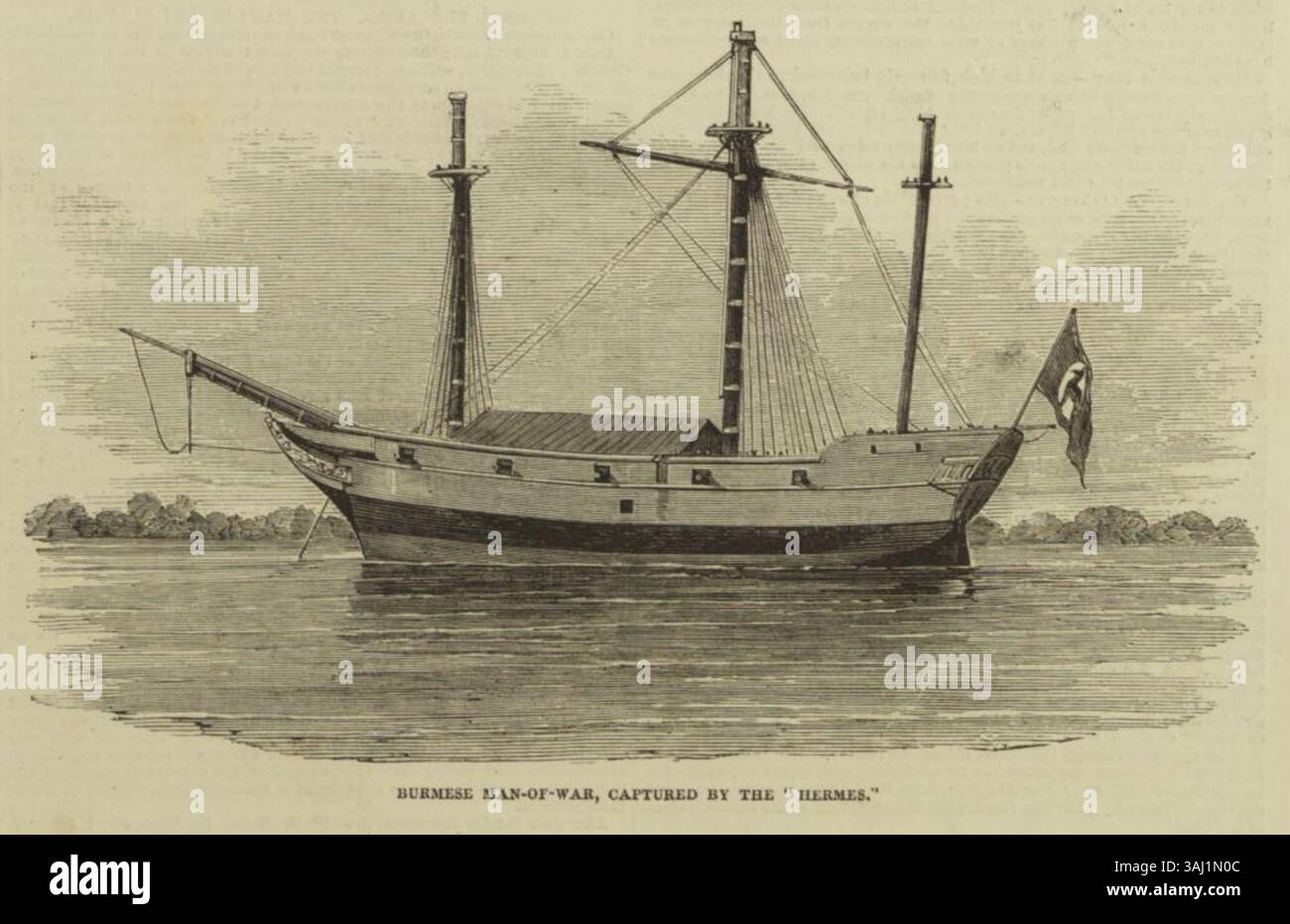 The 1852 illustration depicts the capture of the Burmese man-of-war ...
