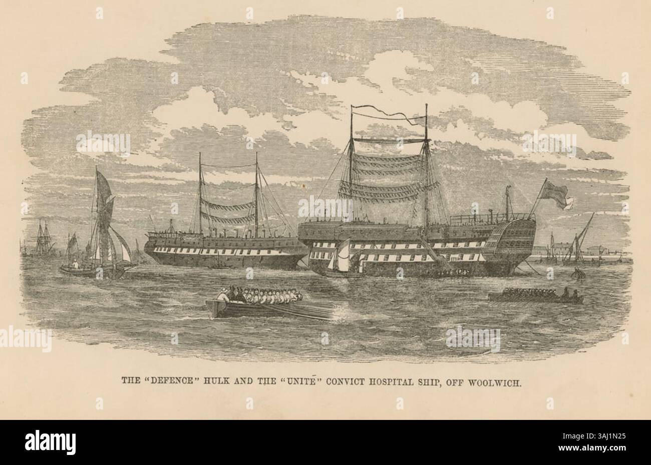 Depiction of the Defence hulk and the Unite convict hospital ship ...