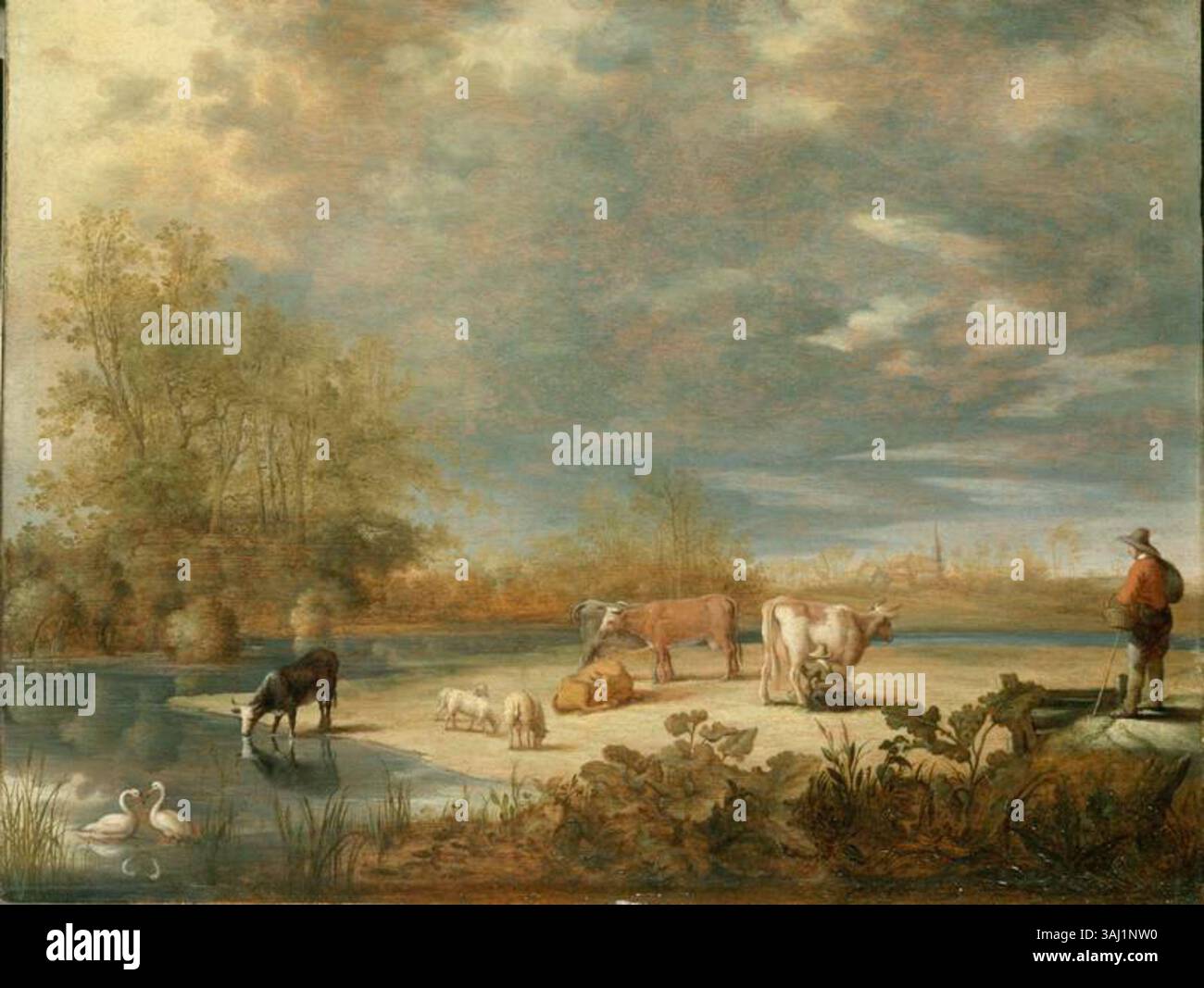 A 1639 landscape by Aelbert Cuyp, depicting cows and sheep in a field ...