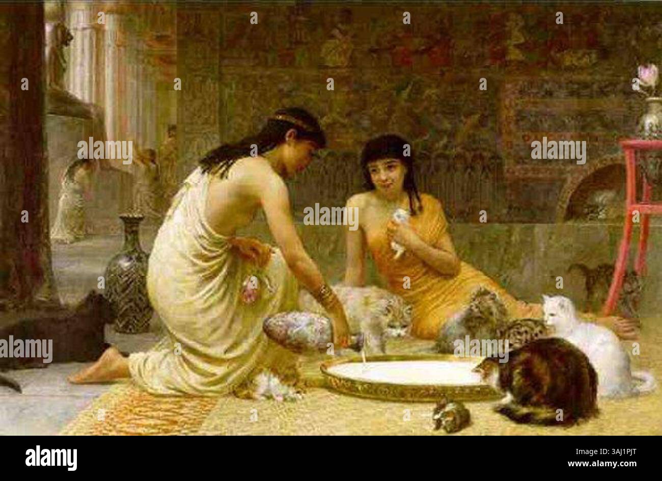 The painting 'Sacred to Pasht' by Edwin Long, created in 1888, portrays an ancient Egyptian ...