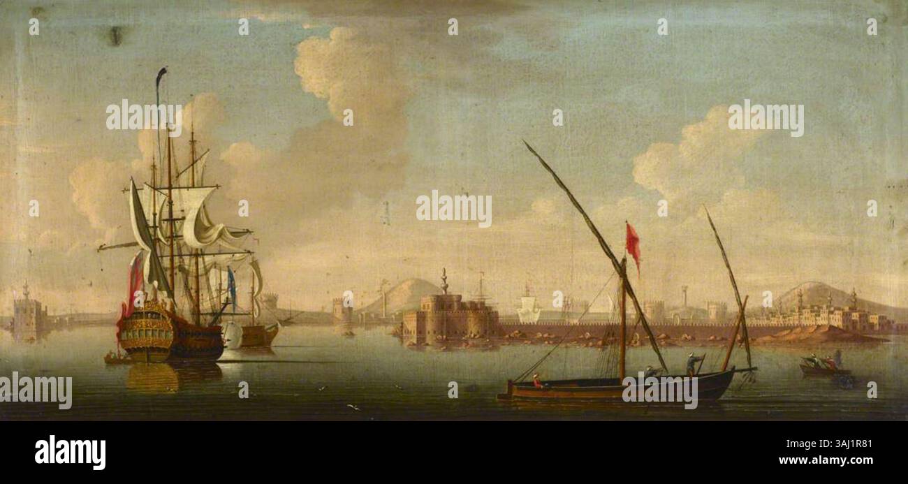 An English warship is depicted in the foreground, anchored off ...